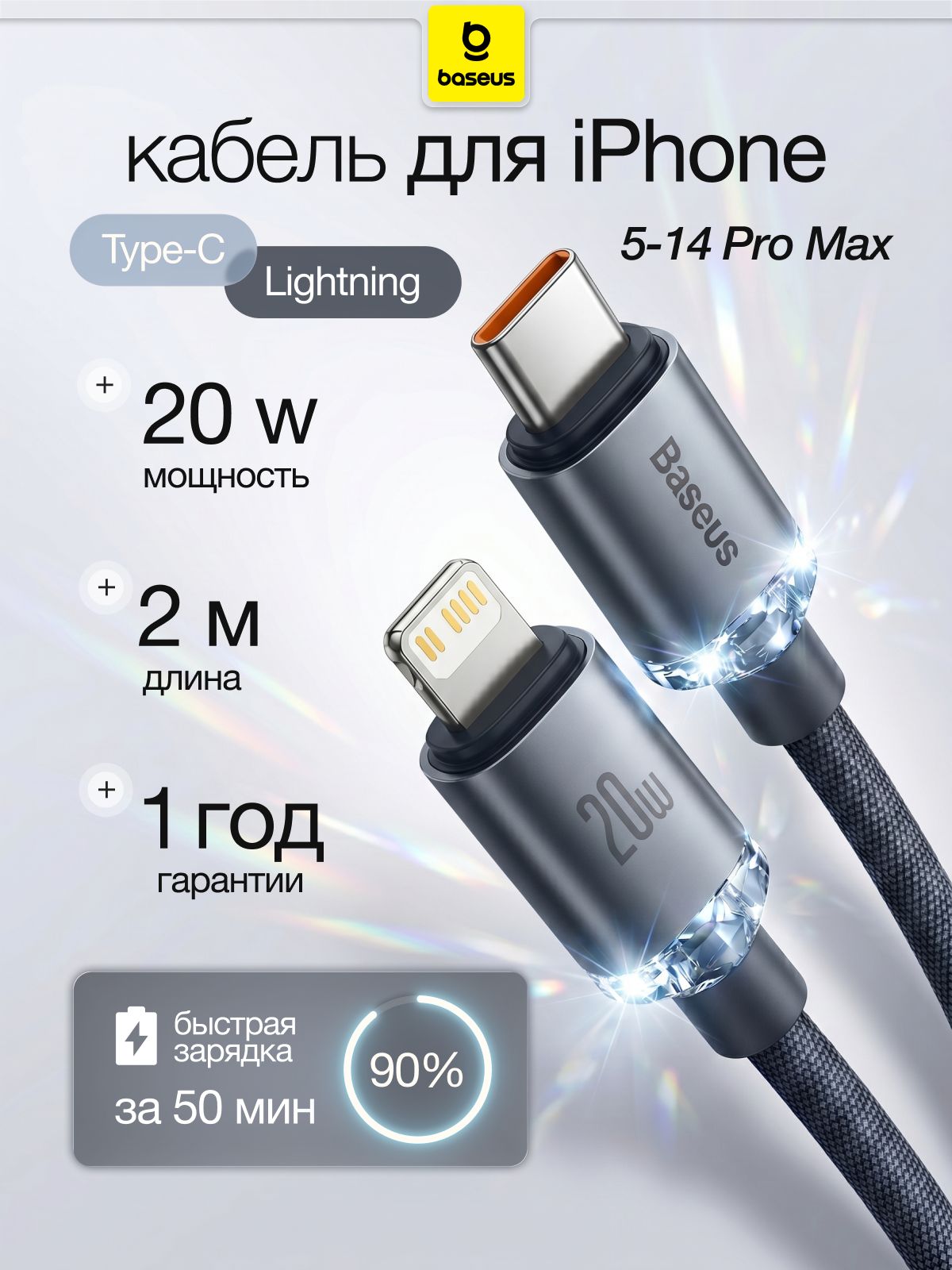 Провод для Айфона, 2 метра / Lightning кабель, 20 W, Baseus / Плетеный шнур для Iphone