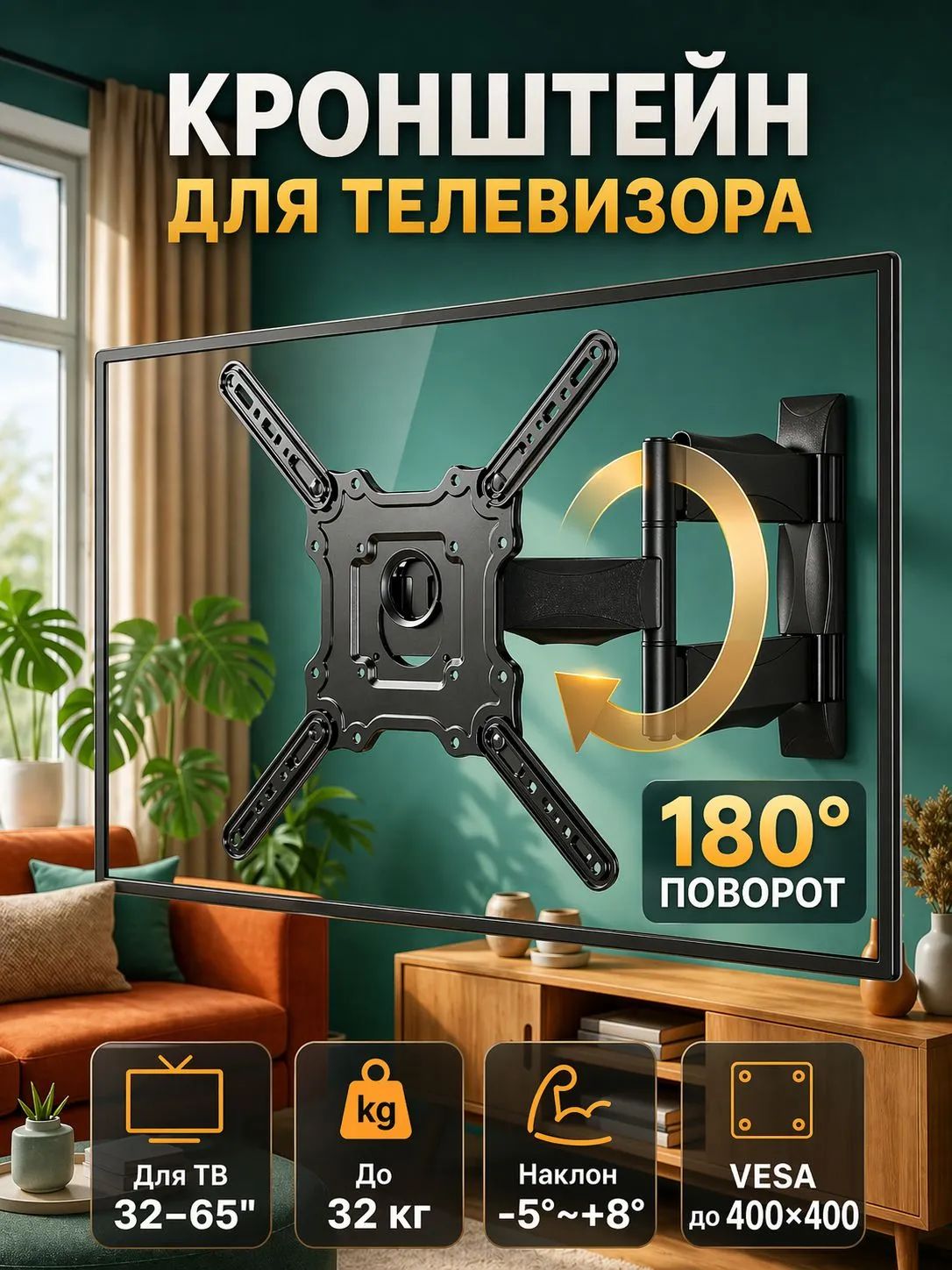 Кронштейн для телевизора поворотно-наклонный 32-65 дюймов нагрузка до 32 кг