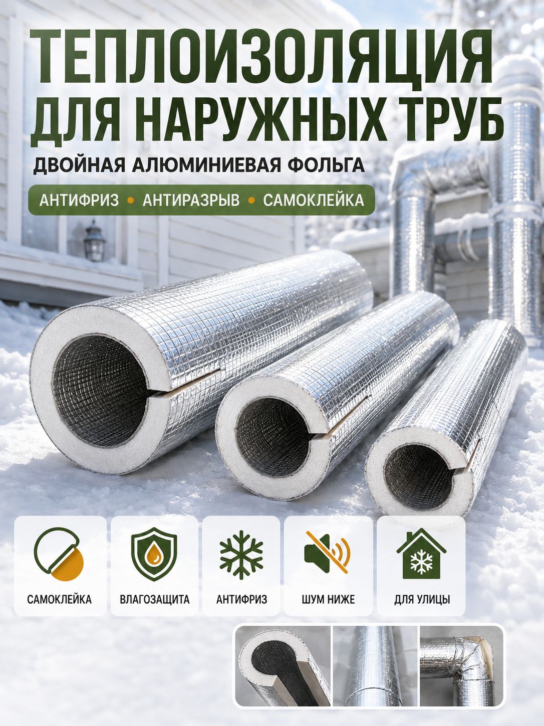 Теплоизоляция для наружных труб, двойная алюминиевая фольга, самоклеящаяся, антифриз,4 дюйма