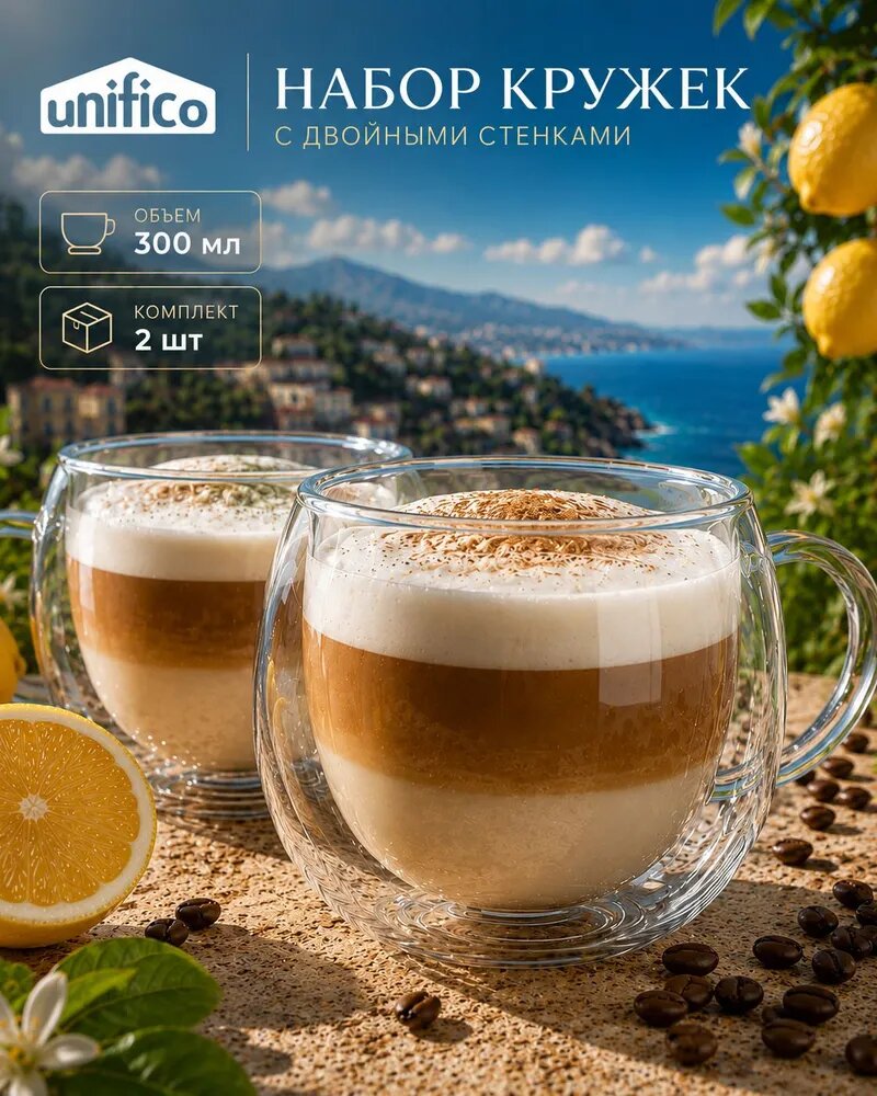 UNIFICO Набор низких кружек с двойными стенками 300 мл 2 шт.