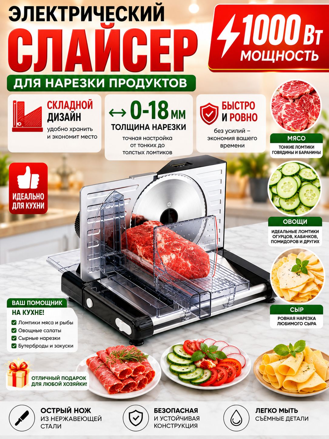 Электрический слайсер для нарезки продуктов, 1000 Вт, толщина нарезки 018 мм, складной, для мяса, сыра, овощей и хлеба