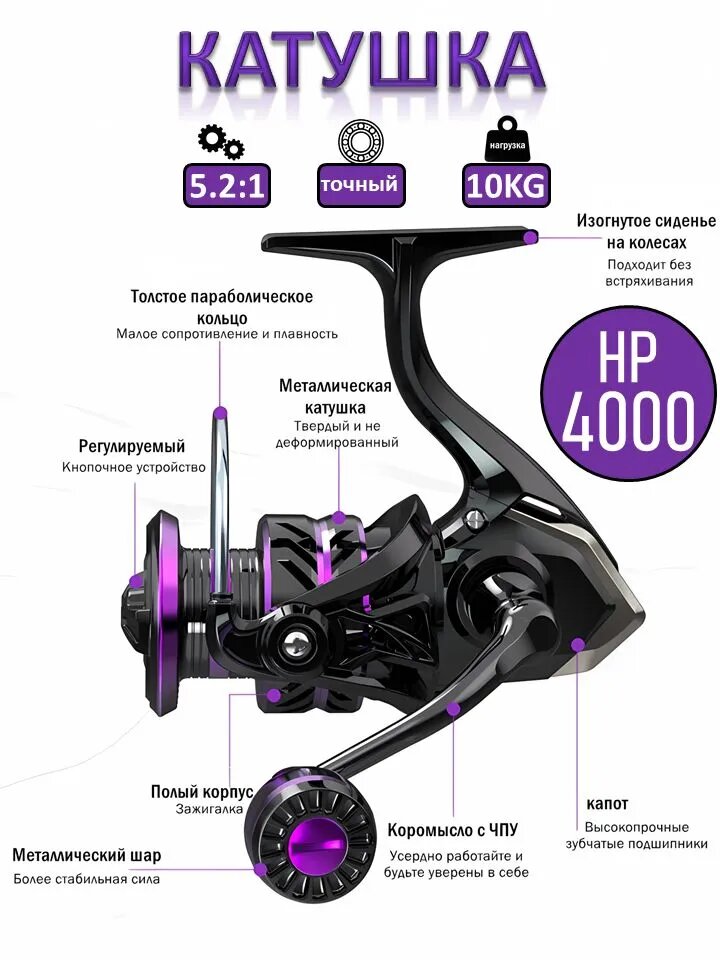Катушка HP 4000 безынерционная 5.2:1 10кг черный, пурпурный 350г 10 подшипников
