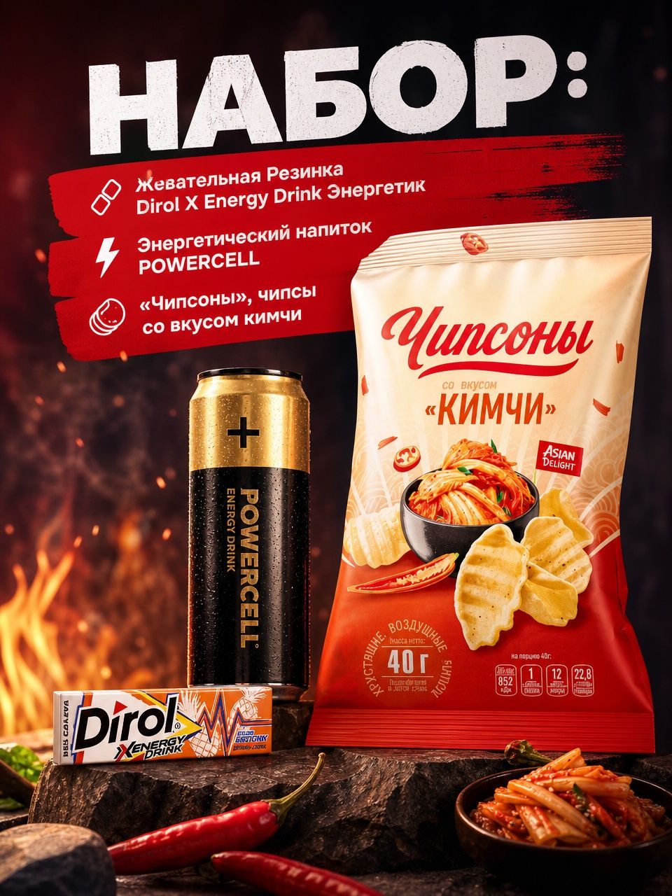 Чипсоны, чипсы со вкусом кимчи , Dirol Энергетик , POWERCELL
