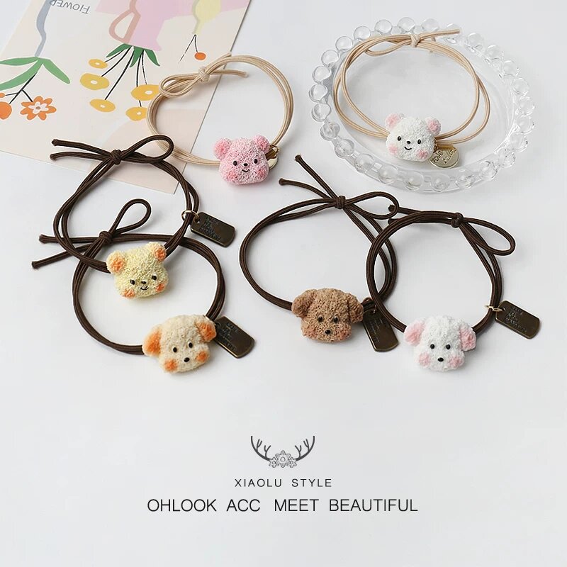 Комплект из 6 милых резинок для волос с мотивами собаки и медвежонка, идеально подходящих для высоких хвостов и