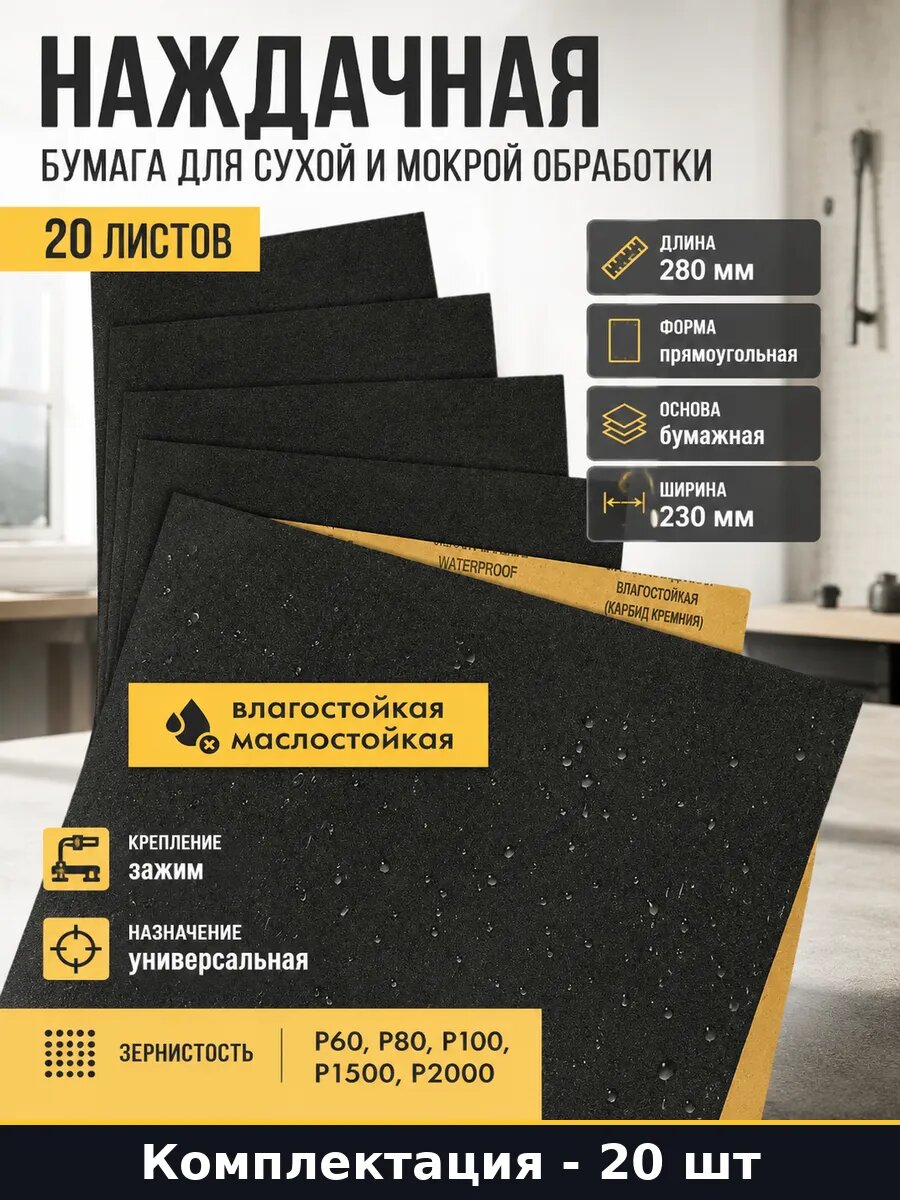 Наждачная бумага для сухой и мокрой обработки 20 листов