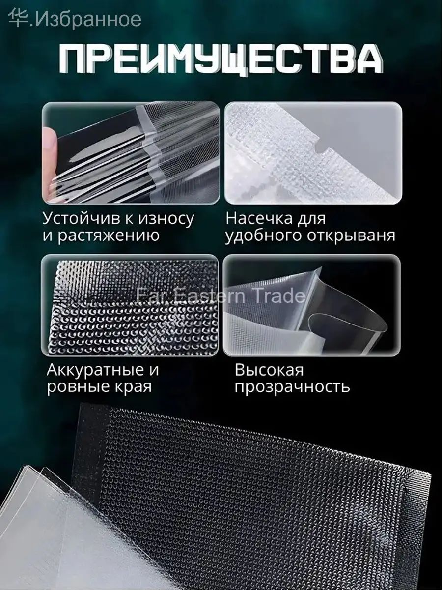 Пакеты для вакууматора рифленые, для хранения и заморозки продуктов, прозрачные 17х25 50 штук-