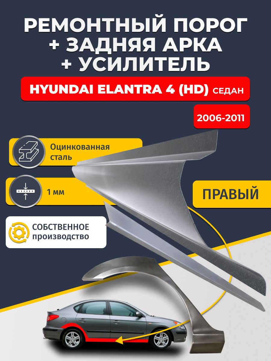 Правая ремонтная задняя арка (0,8 мм) и правый ремонтный стандартный порог (1 мм) + усилитель (1 мм) на Hyundai Elantra 4 HD 2006-2011 седан (Хендай Элантра 4). Материал оцинкованная сталь.