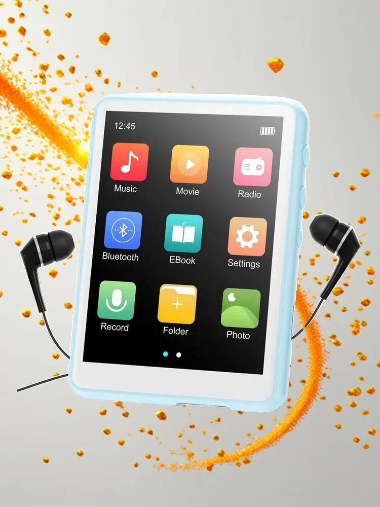 MP3 плеер MECHEN M3 64 Гб наушниками 2,4-дюймовый музыкальный плеер Сенсорный экран Bluetooth Cветло-голубой с силиконовым чехлом