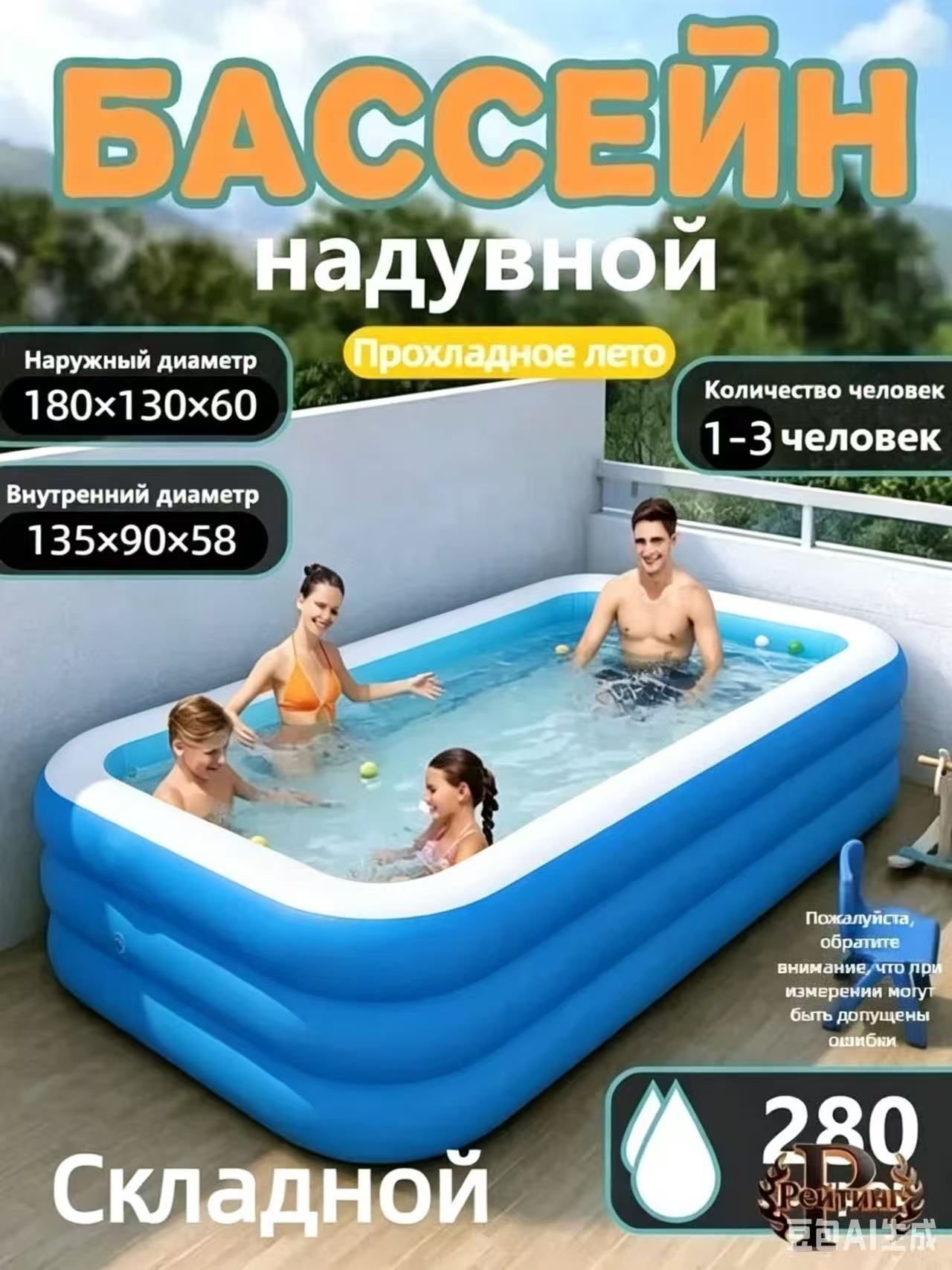 Летний надувной семейный бассейн, складной (180Х130Х60 см, 3 слоя, ПВХ)