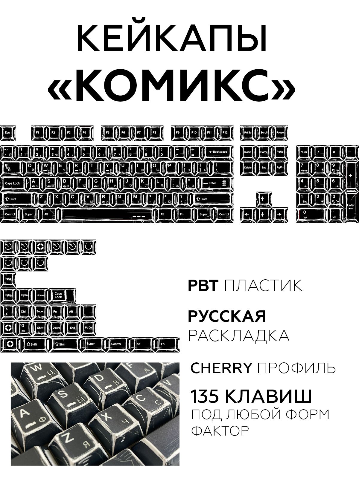 Кейкапы для механической клавиатуры pbt черные комикс с русской раскладкой кириллица