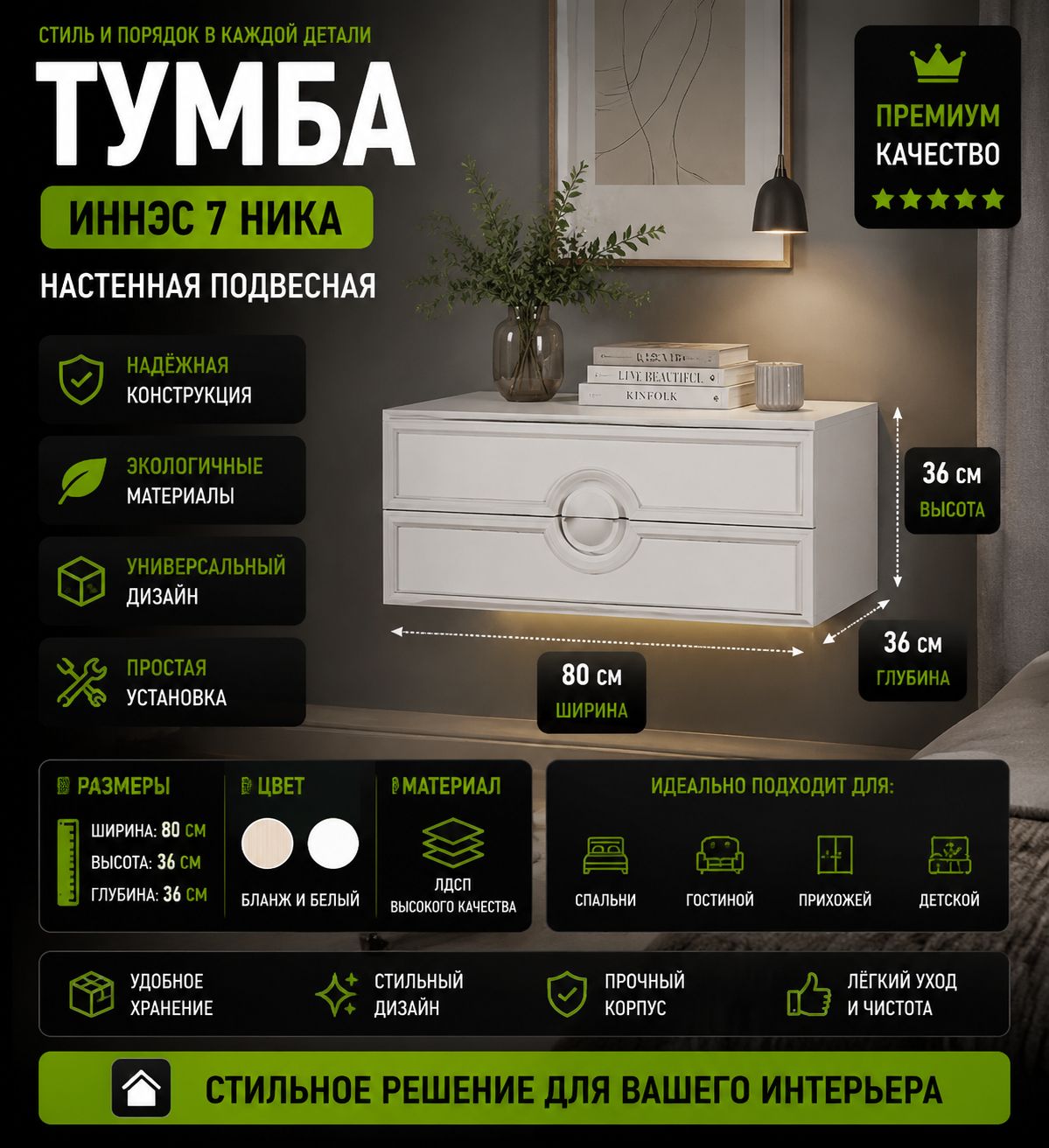 Тумба-5 "Иннэс-7 НИКА", ширина 80 см, в спальню, в гостиную, тумба подвесная, тумбочка