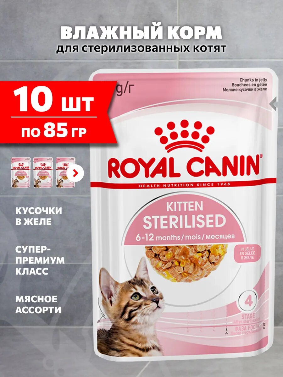 Корм влажный Royal Canin Kitten Sterilised для кастрированных и стерилизованных котят в желе пауч, 85 г х 10 шт