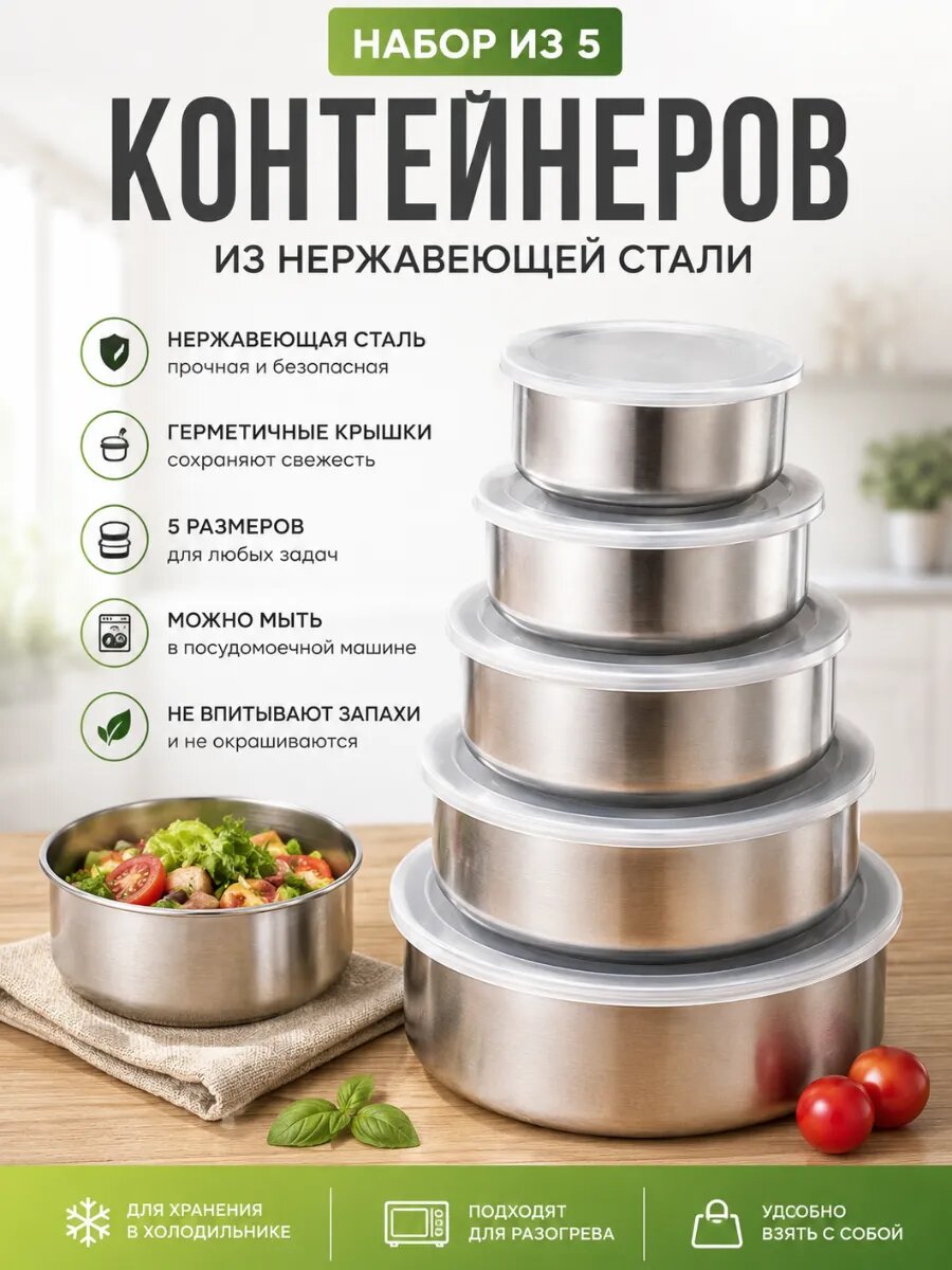 Контейнеры из нержавеющей стали для продуктов с крышкой