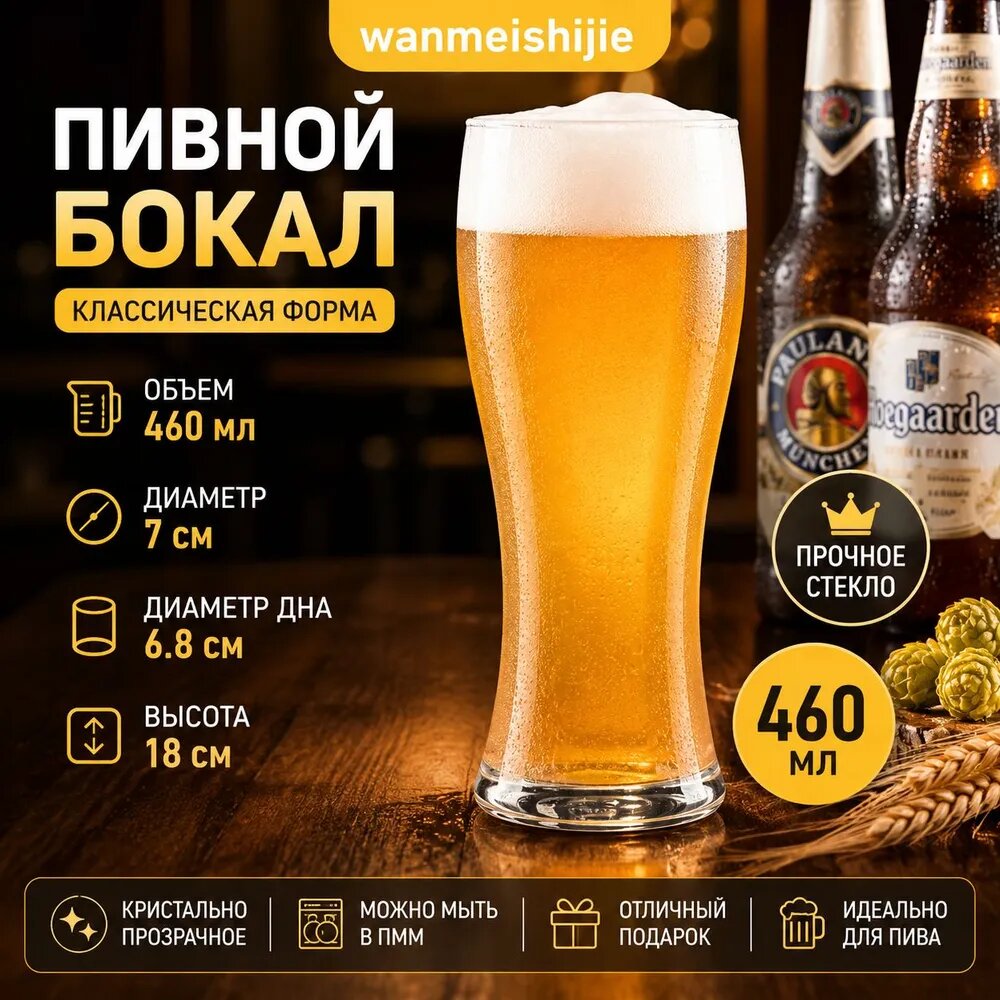 Wanmeishijie Кружка пивная 460 мл, 1 шт, для пива, прозрачное стекло