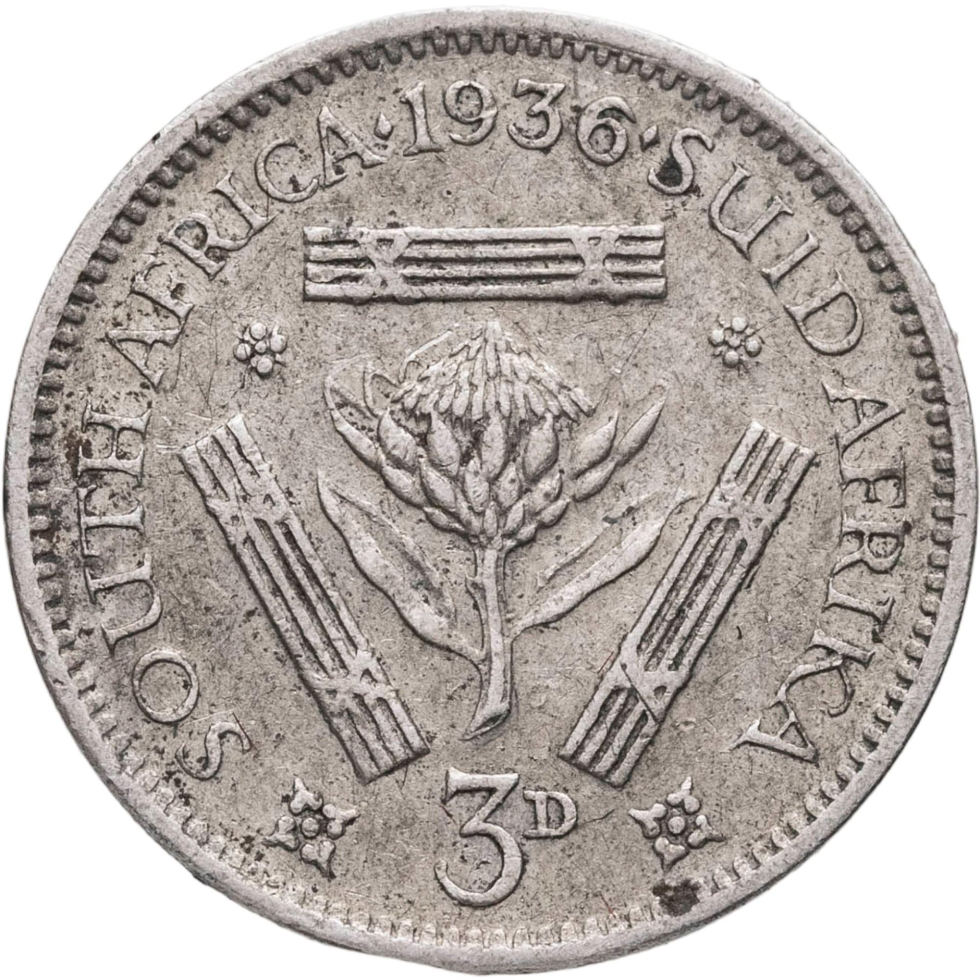 ЮАР 3 пенса pence 1936, Серебро 800, в сохранности XF