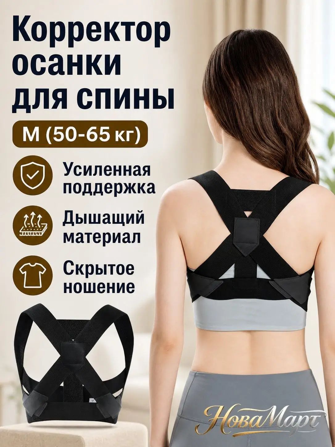 Корректирующий пояс для осанки T-образный усиленный черный, размер M (55-65 кг), сетчатый дышащий материал с регулировкой