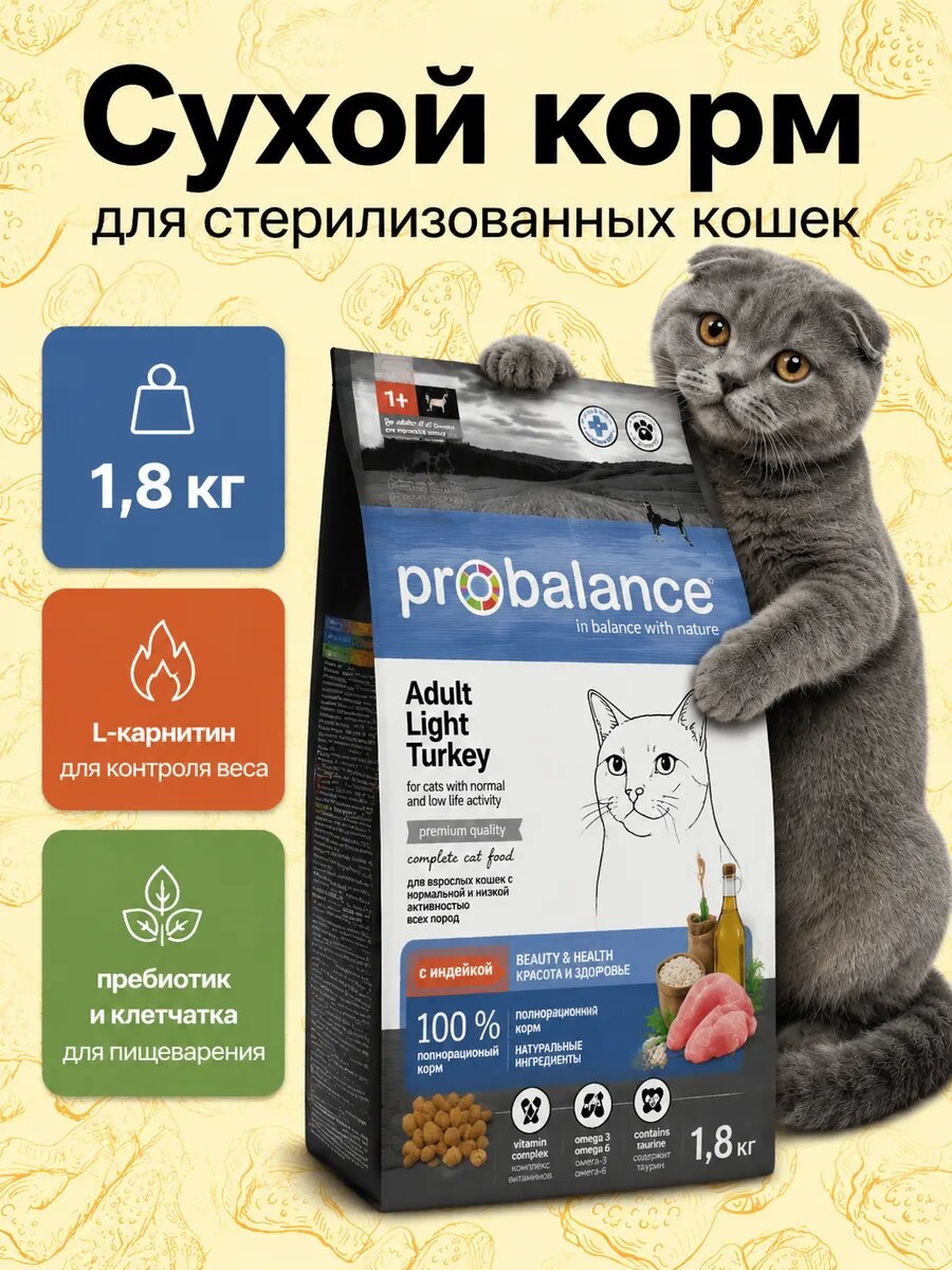 Корм сухой для кошек с низкой активностью с индейкой 8 кг