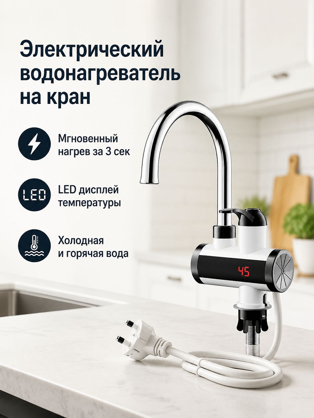 Электрический кран-водонагреватель с цифровым дисплеем, нижний подвод воды, белый, для кухни