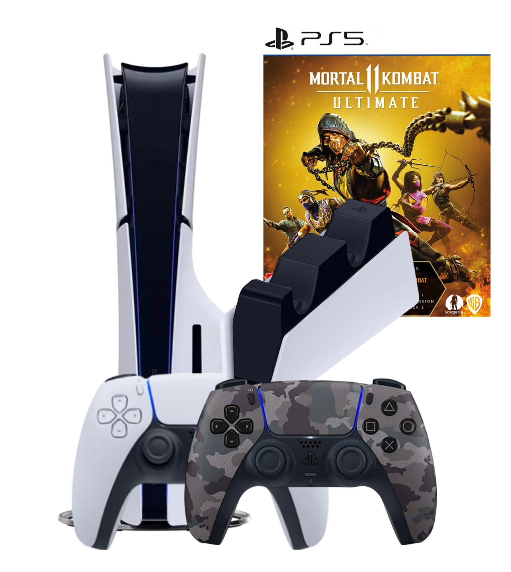 Игровая приставка PlayStation 5 Slim + 2й геймпад камуфляж + игра Mortal Kombat 11 Ultimate + станция зарядки