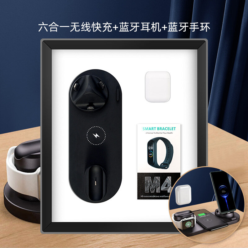 Черный 6-в-1 беспроводное зарядное устройство, наушники с Bluetooth и фитнес-браслет, черная упаковка с подарочной