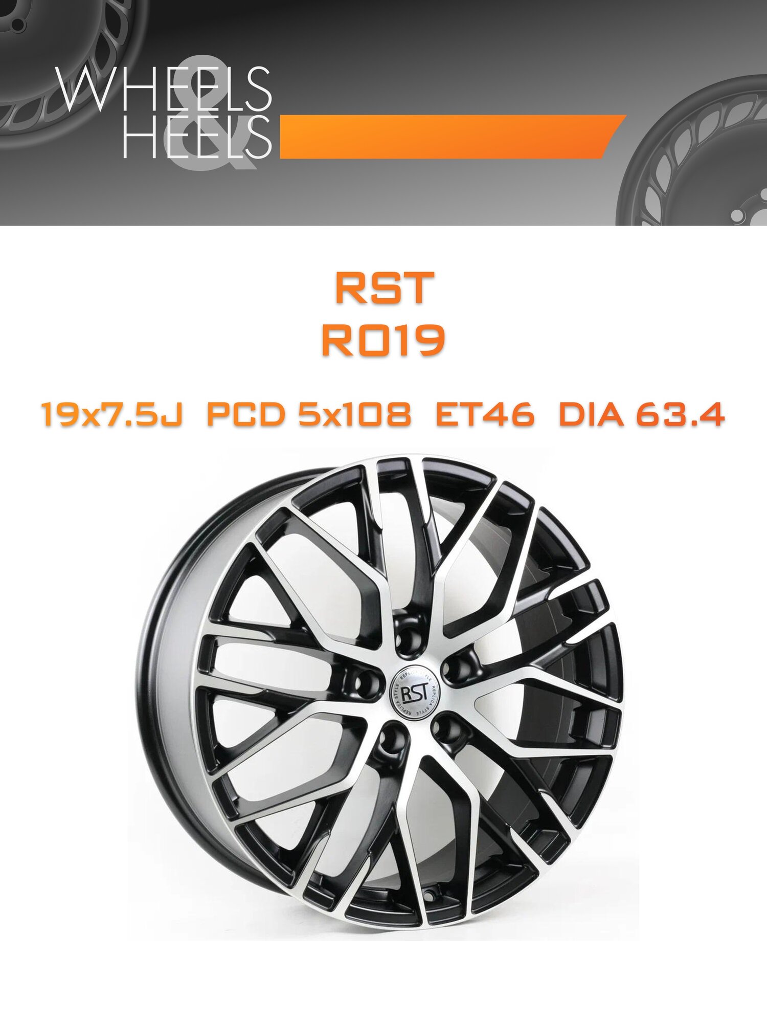 Диск автомобильный литой RST R019 19x7.5 5x108 et46 dia63.4 Чёрный матовый с полированной лицевой частью