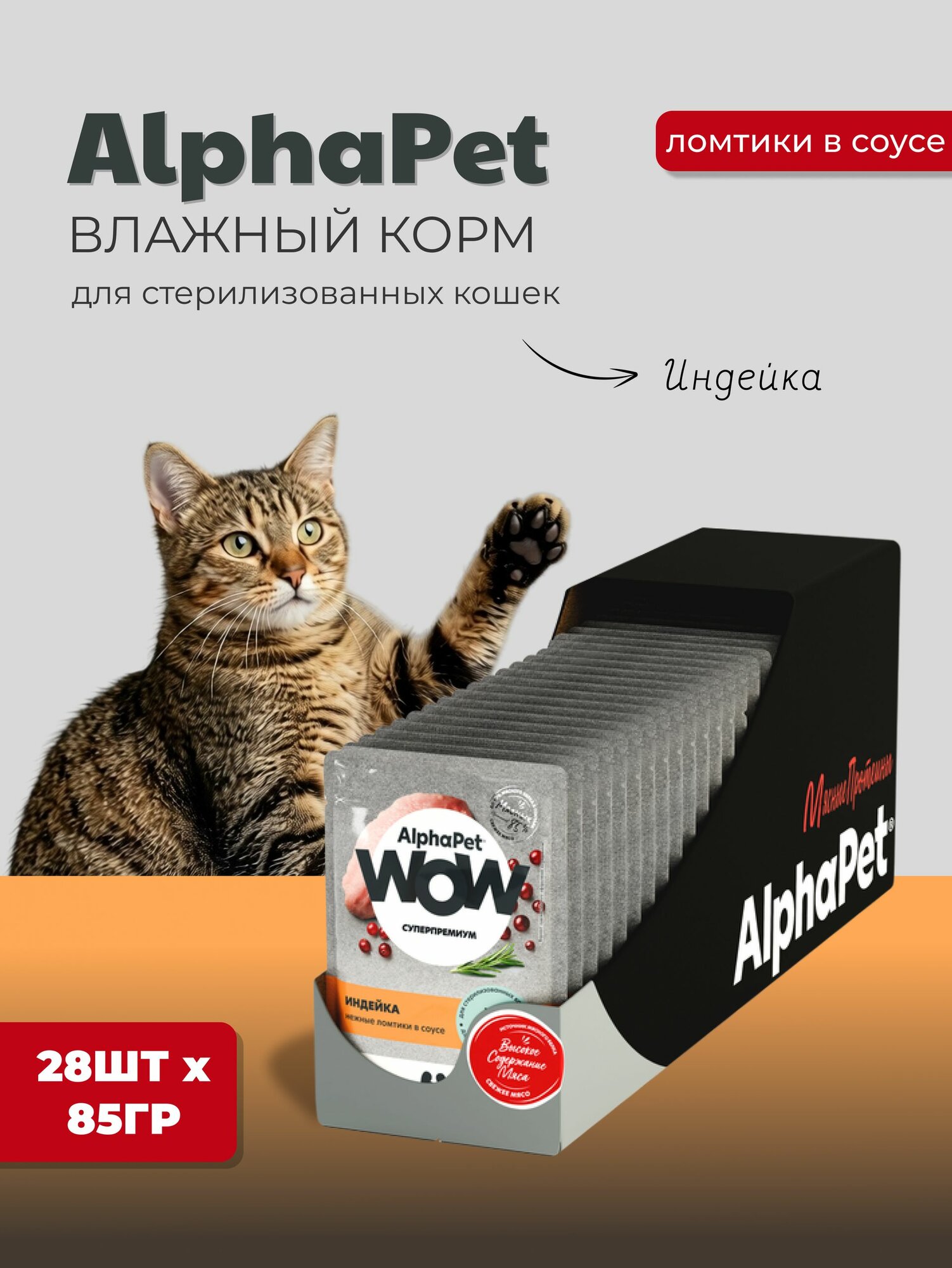 AlphaPet WOW Superpremium Влажный полнорационный корм для стреилизованных кошек, с индейкой, нежные ломтики в соусе 28шт х 85гр