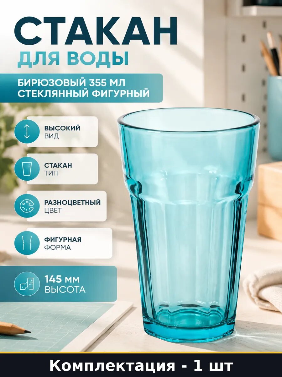 Стакан для воды бирюзовый 355 мл стеклянный фигурный
