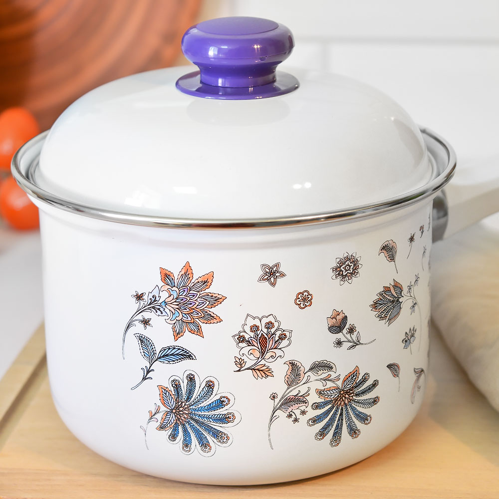 Кастрюля эмалированная "Fleur" 1,5л, сталь с цветочным принтом, с металлической крышкой — фото 1