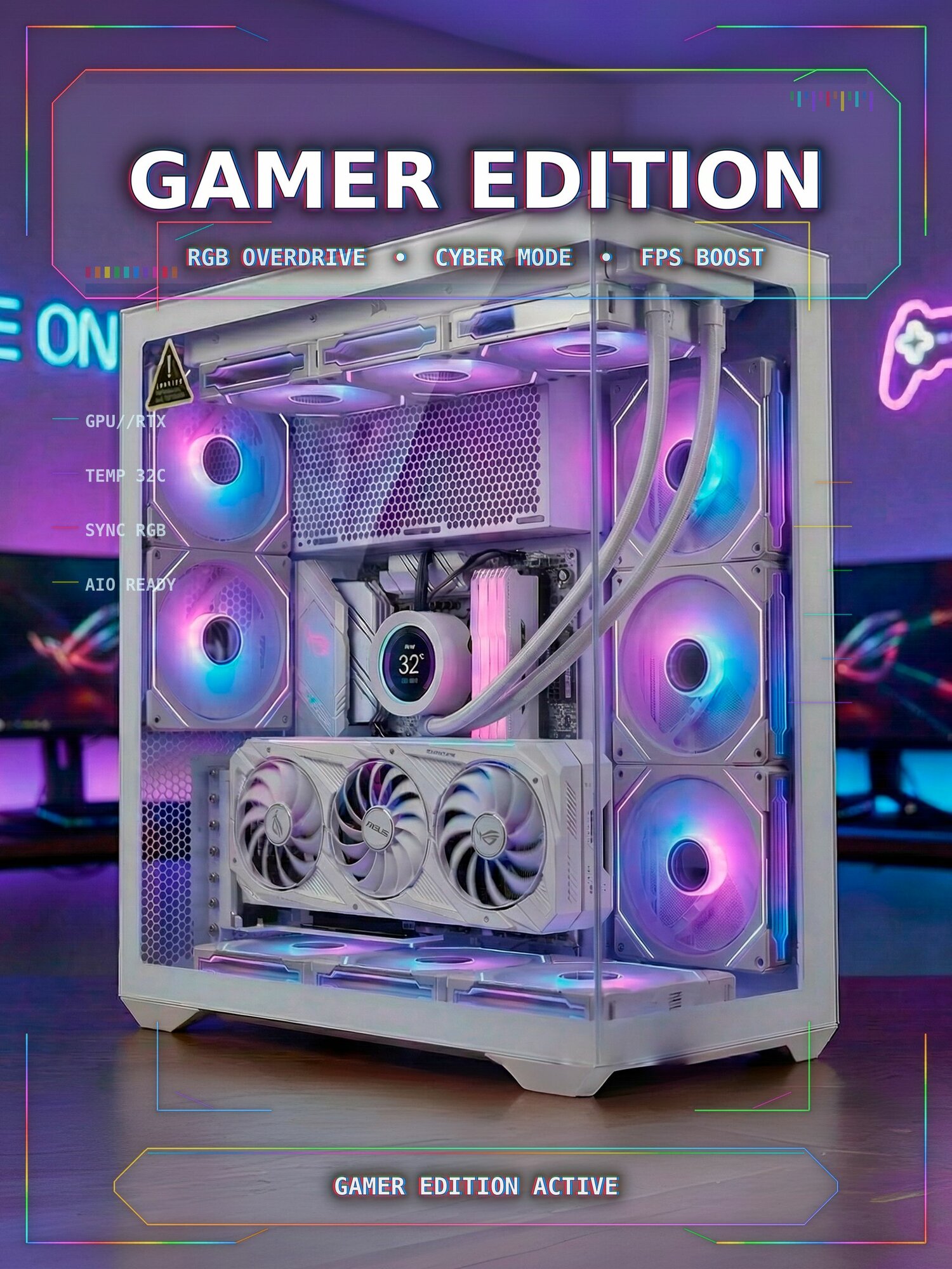 Игровой корпус для ПК EATX Eurocase 4801 WT, с вентиляторами 5x140мм ARGB, стеклянный аквариум, закаленное стекло 2 стороны, ARGB-подсветка, поддержка BTF, 450мм видеокарта, 2xUSB 3.0, белый