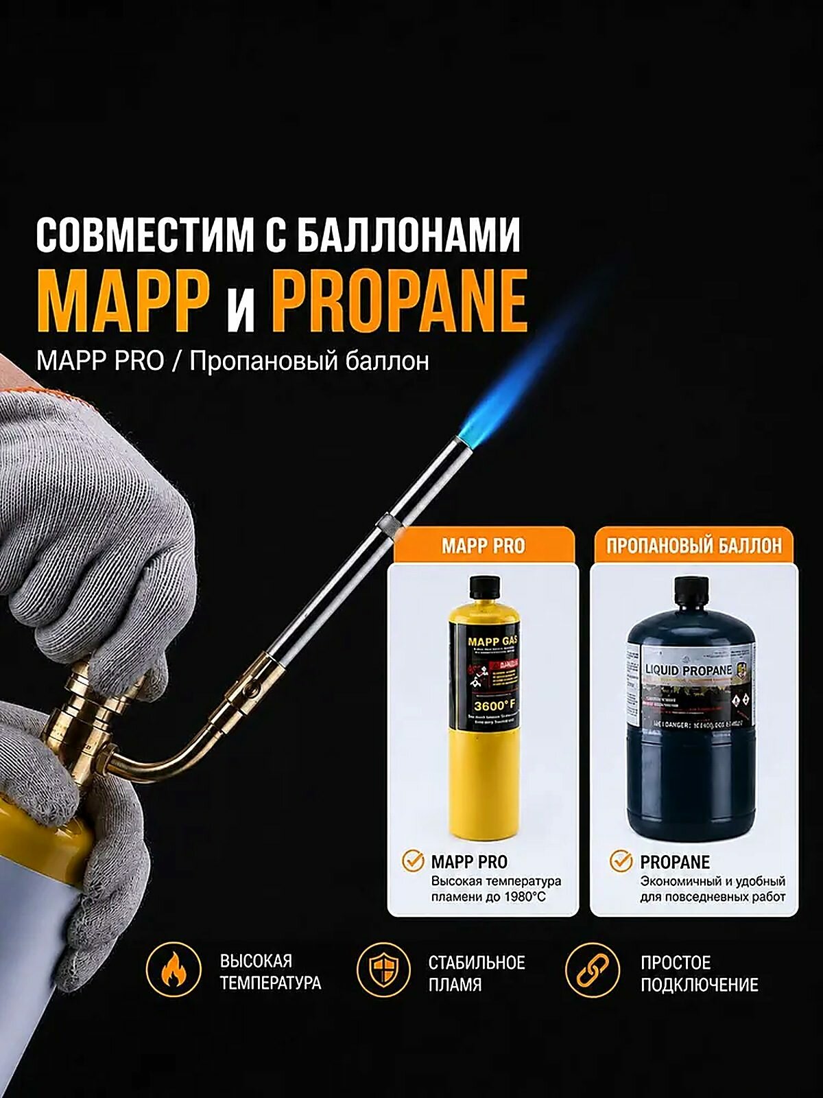 Профессиональная газовая горелка MAPP/Propane с пьезоподжигом и курковым запуском, регулируемое пламя