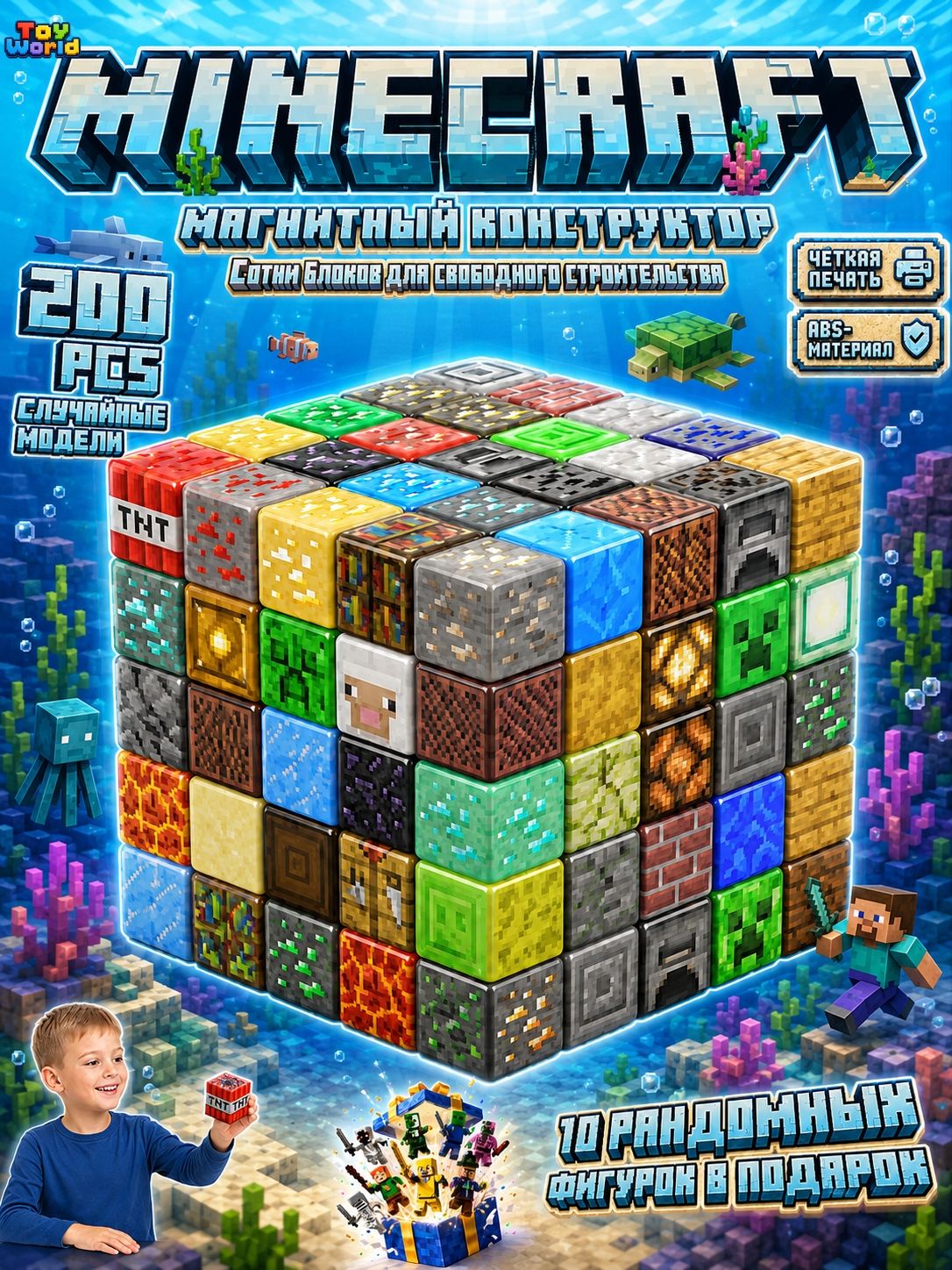 Mайнкрафт, Mагнитный конструктор, Minecraft, 200 блоков, 10 фигурок, DIY, для мальчиков