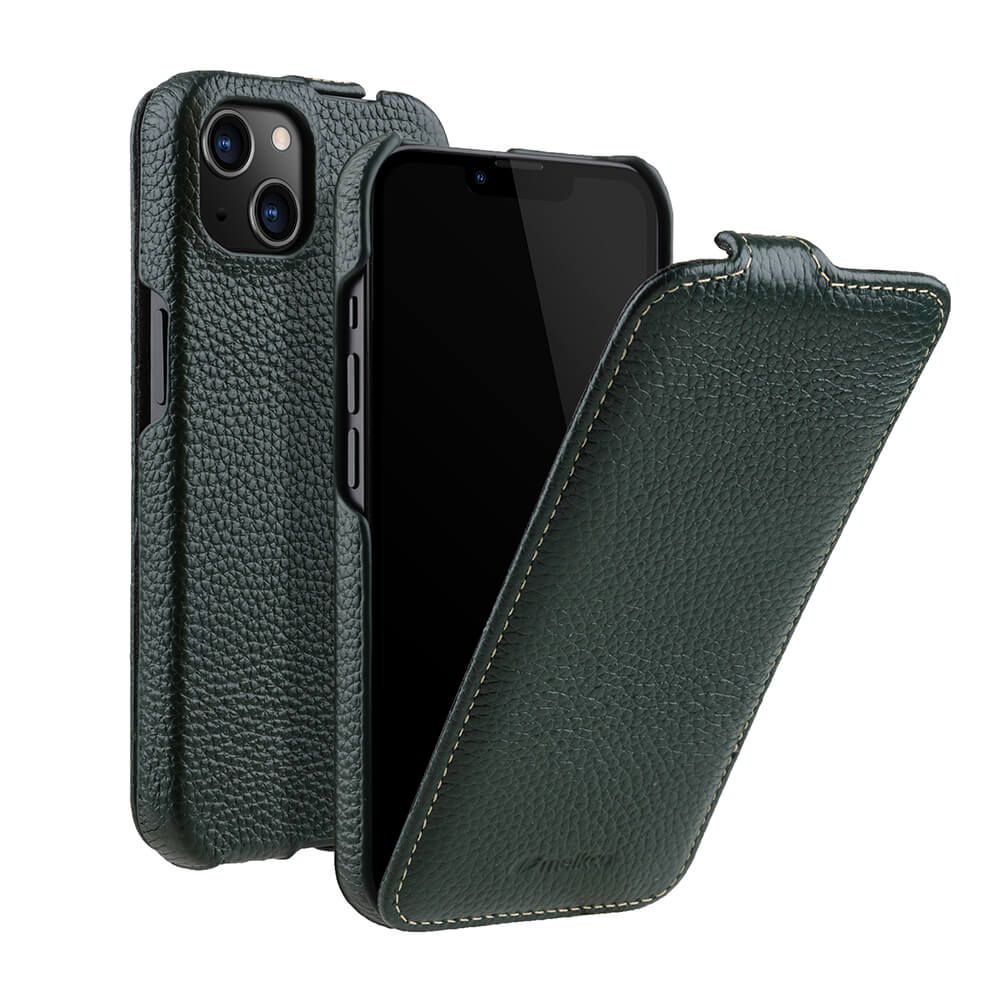 Вертикальный открытый чехол Melkco из натуральной кожи для iPhone 13 Mini, целевой флип-чехол, зеленый