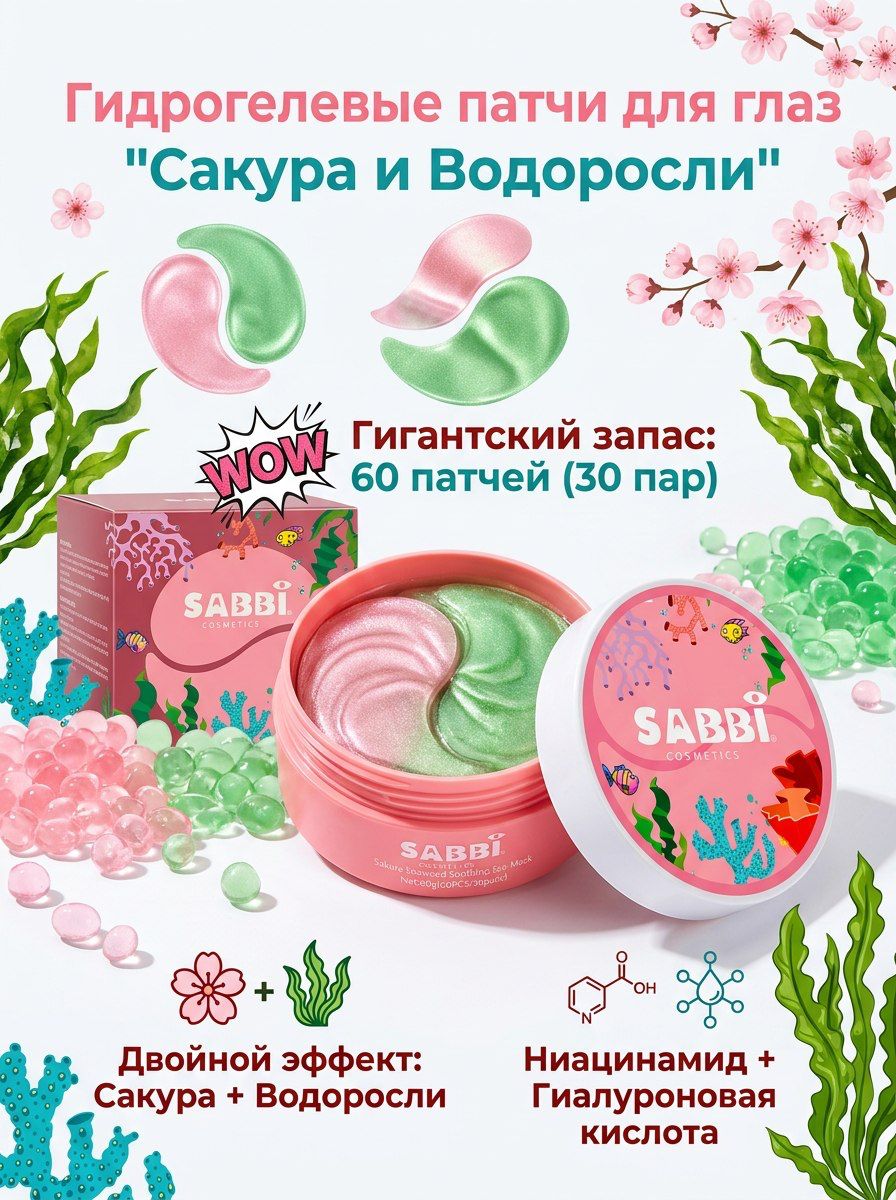 Патчи гидрогелевые для глаз SABBI с сакурой и водорослями, 60 штук