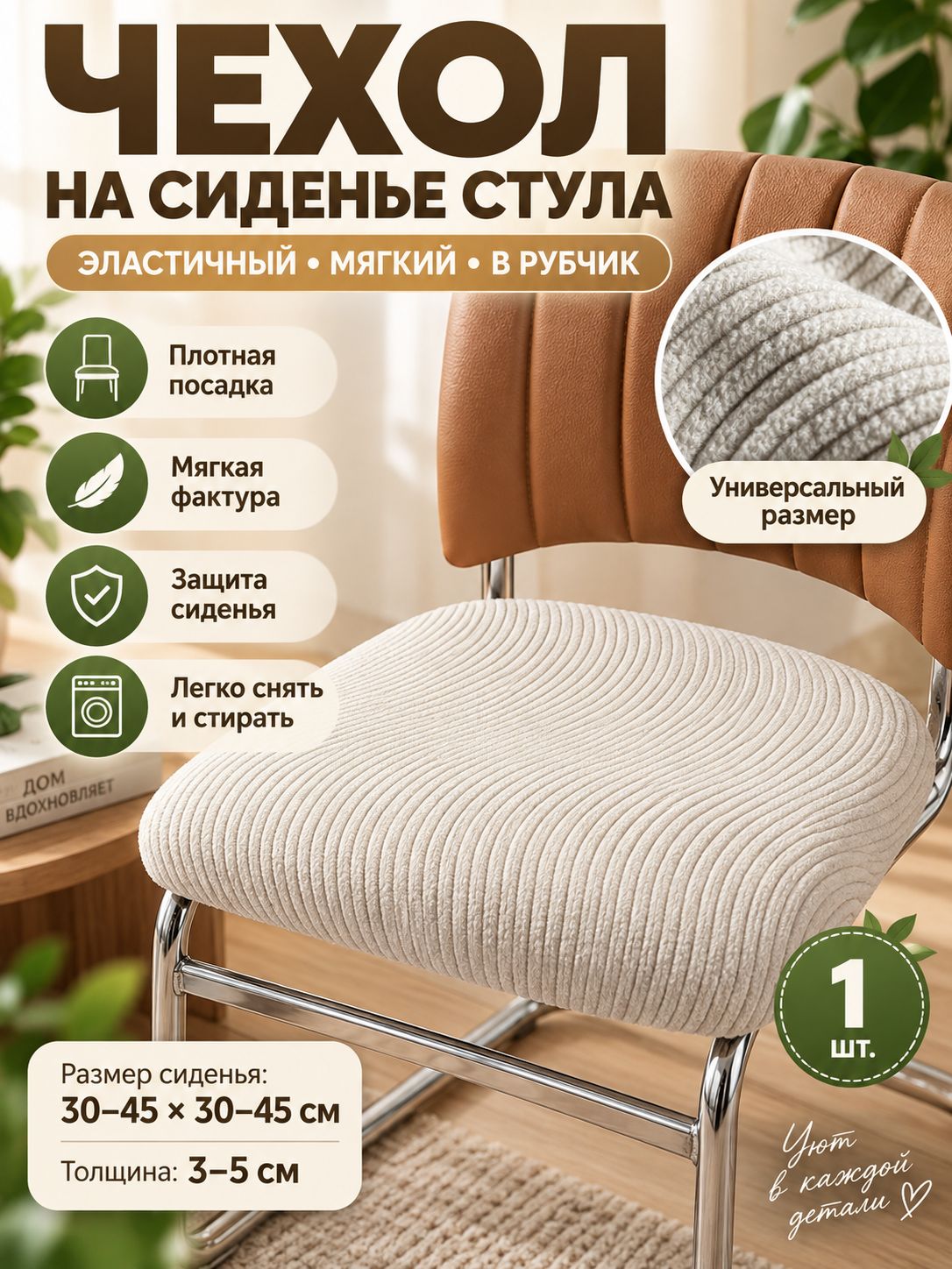 Чехол на мебель для стула 45x45 см на резинке слоновая кость
