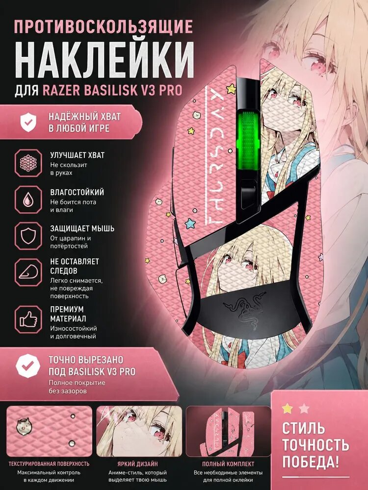 Грипсы для Razer Basilisk V3 Pro и Razer Basilisk V3 X HyperSpeed / Противоскользящие накладки и наклейки для игровой мыши(Тема анимированного персонажа)