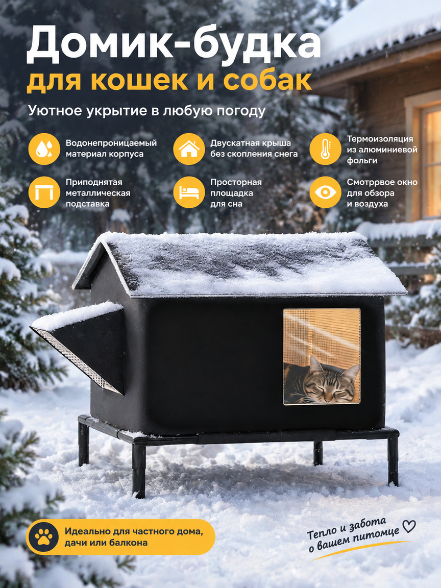 Домик-будка для кошек и собак, утеплённый, с подставкой и окном, водонепроницаемый, 49x43x44 см