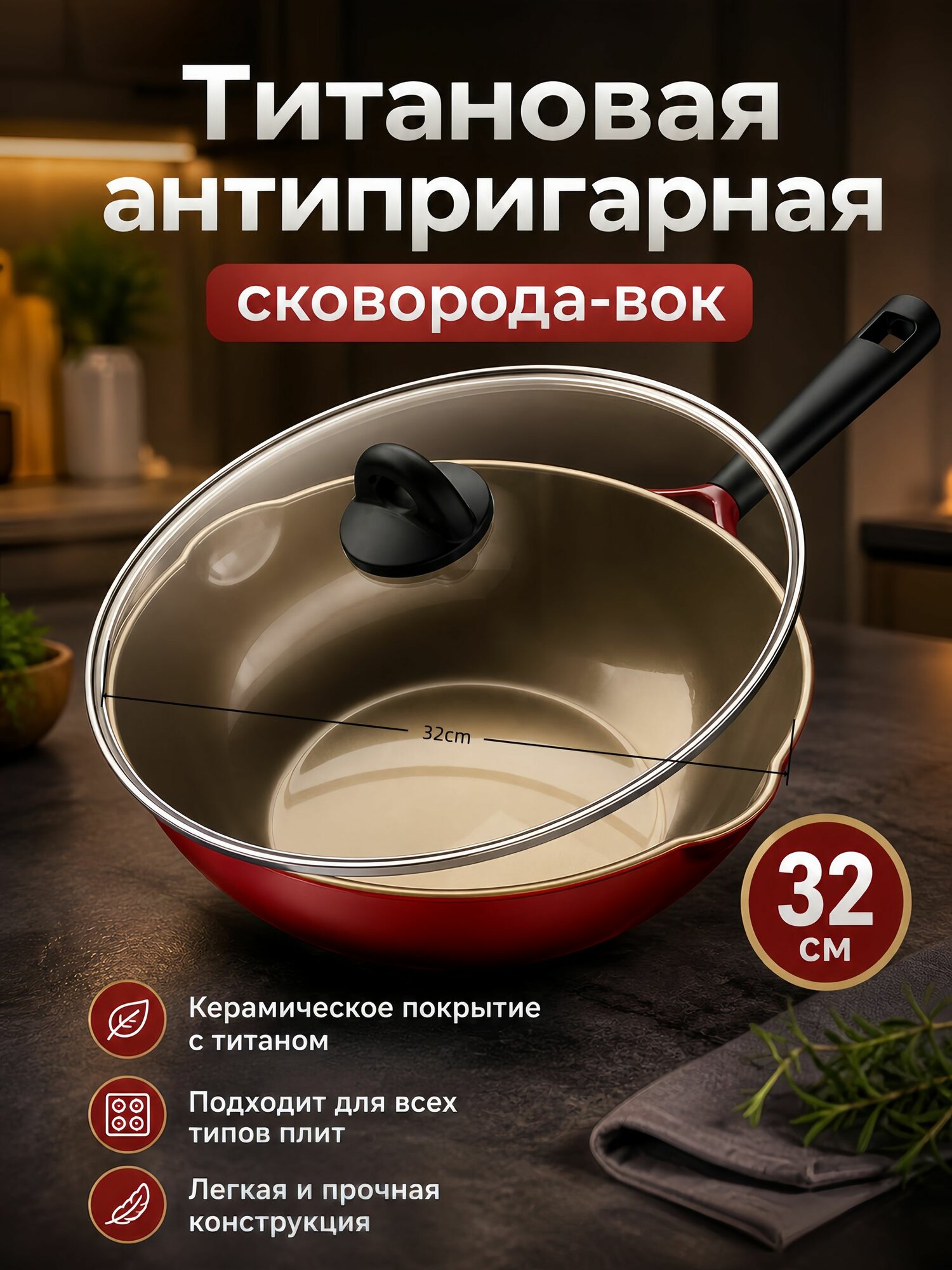 Сковорода-вок 32 см с крышкой, титановое антипригарное покрытие, алюминий, для всех плит