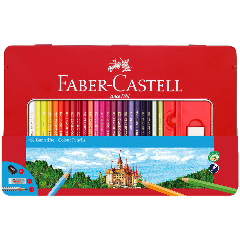 Карандаши цветные Faber-Castell "Замок", 48цв, трехгран, заточ.+2ч/г кар. Grip+ластик+точилка, метал. коробка, 286631