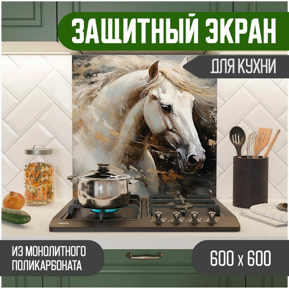 Фартук для кухни, защитный экран из акрилового стекла (поликарбонат) на кухонный фартук в зону мойки и плиты с фотопечатью. Панель на стену с рисунком Лошадь 600 х 600 х 3 мм, 600-036