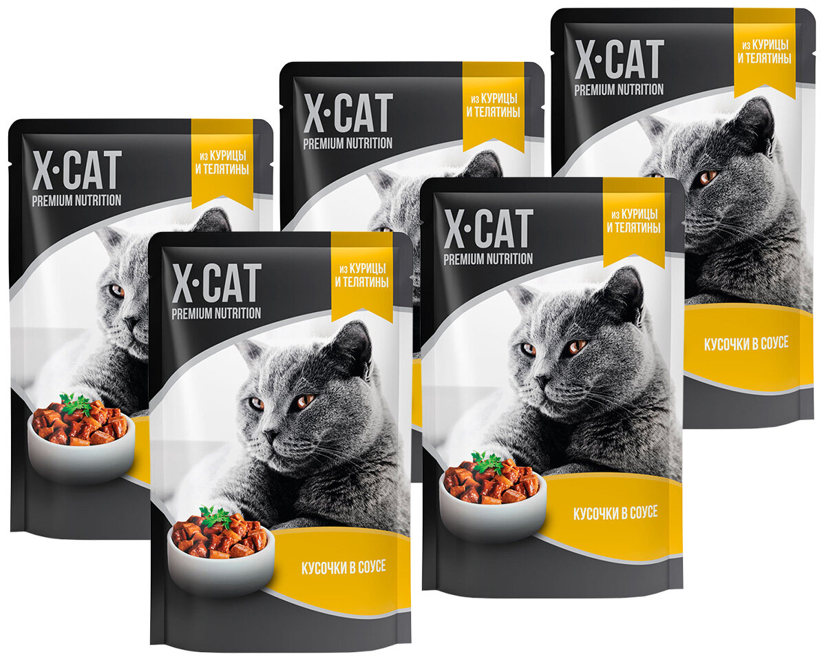 Влажный корм X-Cat для взрослых кошек с телятиной и курицей в соусе пауч, 85 г 5 шт