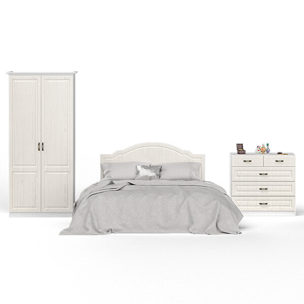 Ливерпуль Спальня № 4 Кровать 11.08ОСН + Шкаф 13.134 + карниз + Комод 10.103, цвет ясень ваниль/белый, сп. м. 1600х2000 мм, б/м, ортопед есть