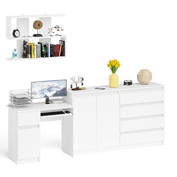 Стол компьютерный Мори МС-1 левый + Комод МК1600.1 + Полка 900, цвет белый