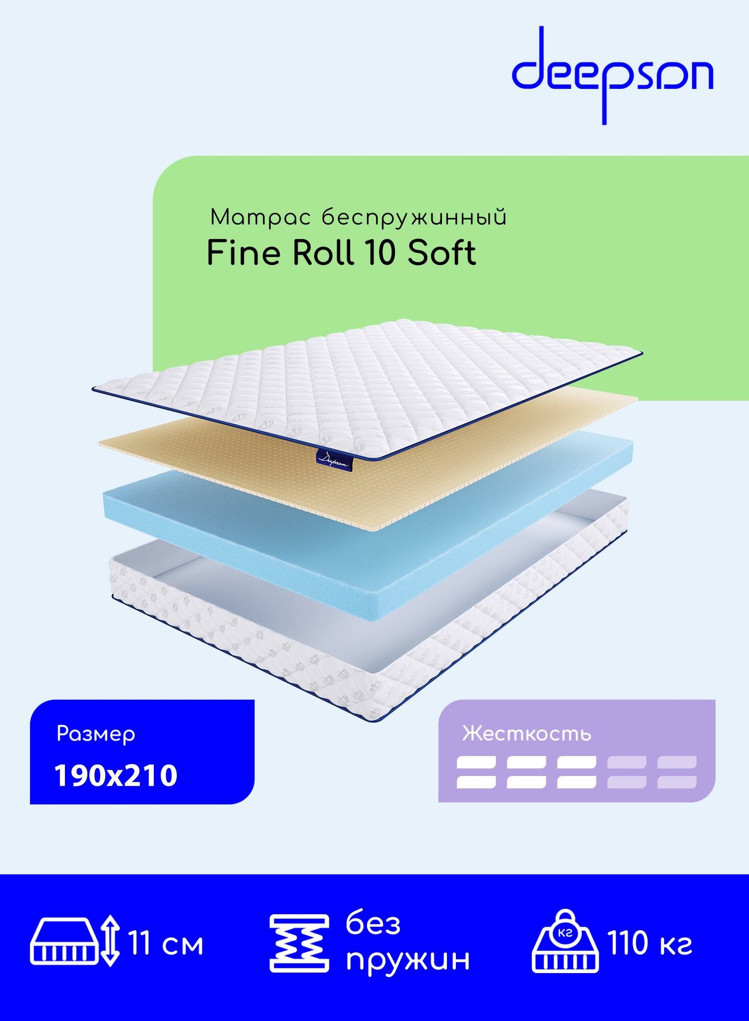 Матрас 190x210 ортопедический беспружинный Deepson Fine Roll 10 Soft