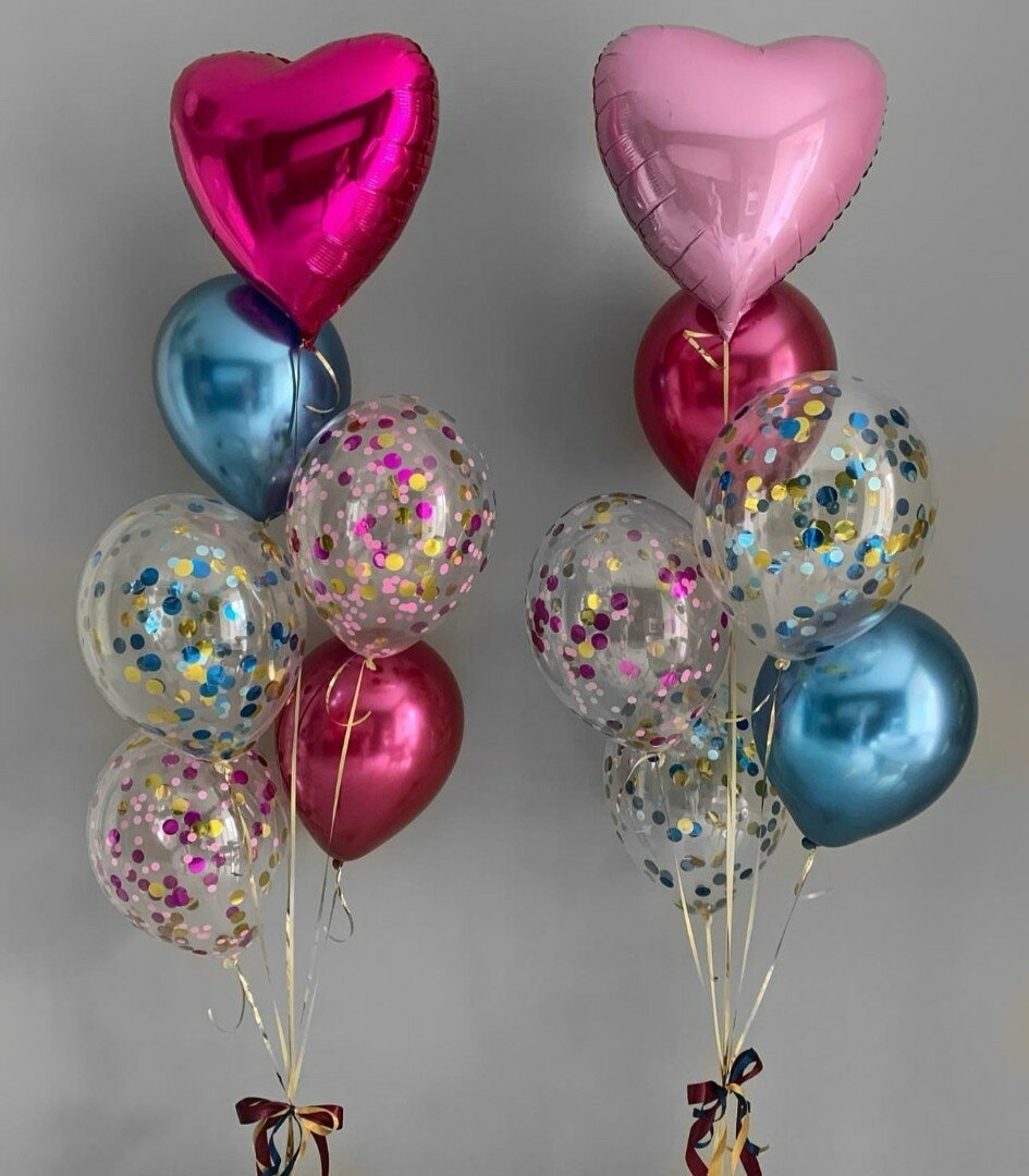 2 фонтана из гелиевых шаров с конфетти и шаров-хром