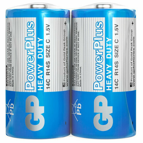Батарейки комплект 2 шт, GP PowerPlus C (14C), солевые, в пленке, 14CEBRA-2S2
