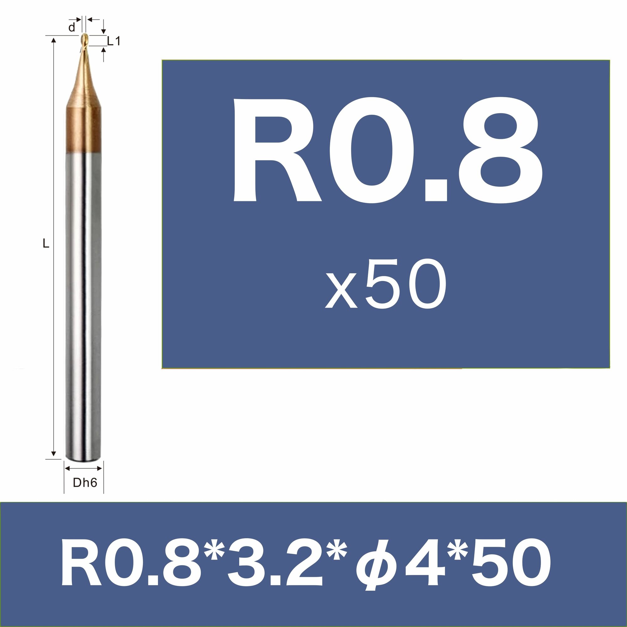 R0.9*3.6*4*50. Микрофреза сферическая твердосплавная. 2-х зубая. Обработка материала до HRC55. Покрытиее TiSiN