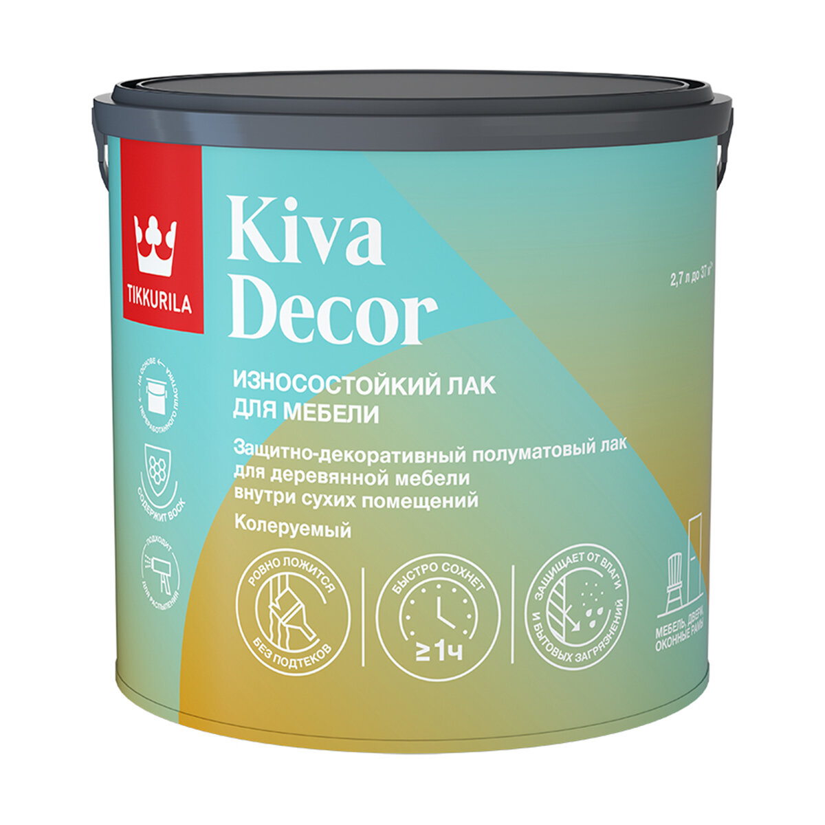 Лак для дерева Kiva Decor (Кива Декор) TIKKURILA, акрилатный, полуматовый, база EP, 2,7 л