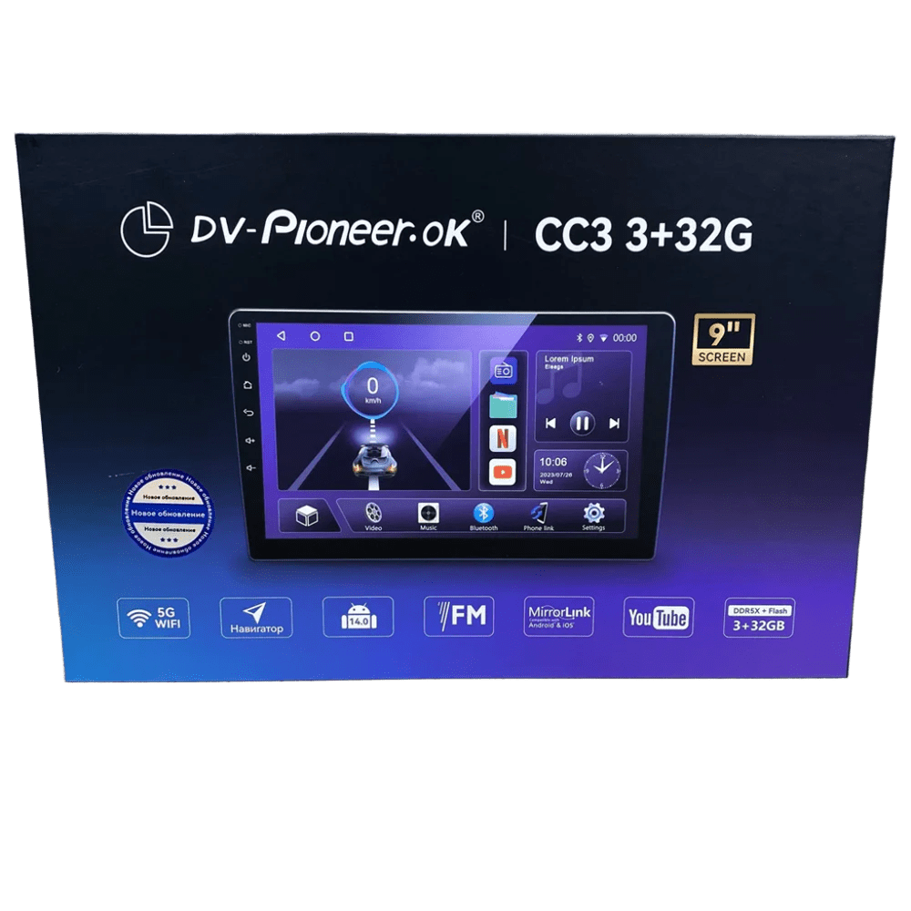 Магнитола автомобильная 2 DIN DV-Pioneer, ok CС3 9"3/32 Гб, Wi-Fi, Bluetooth