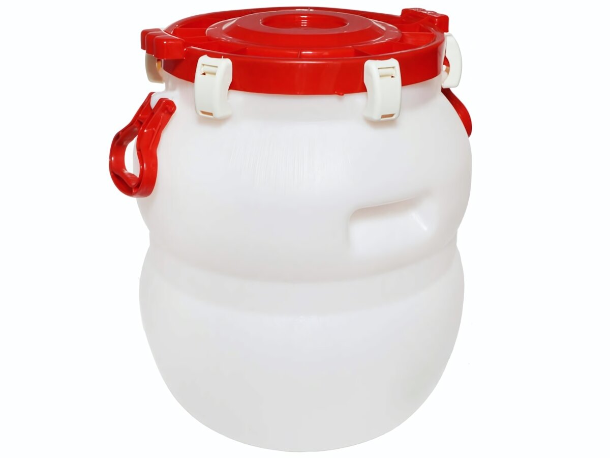 Бочка пластиковая герметичная 50л с широким горлом и ручками, белая с красной крышкой