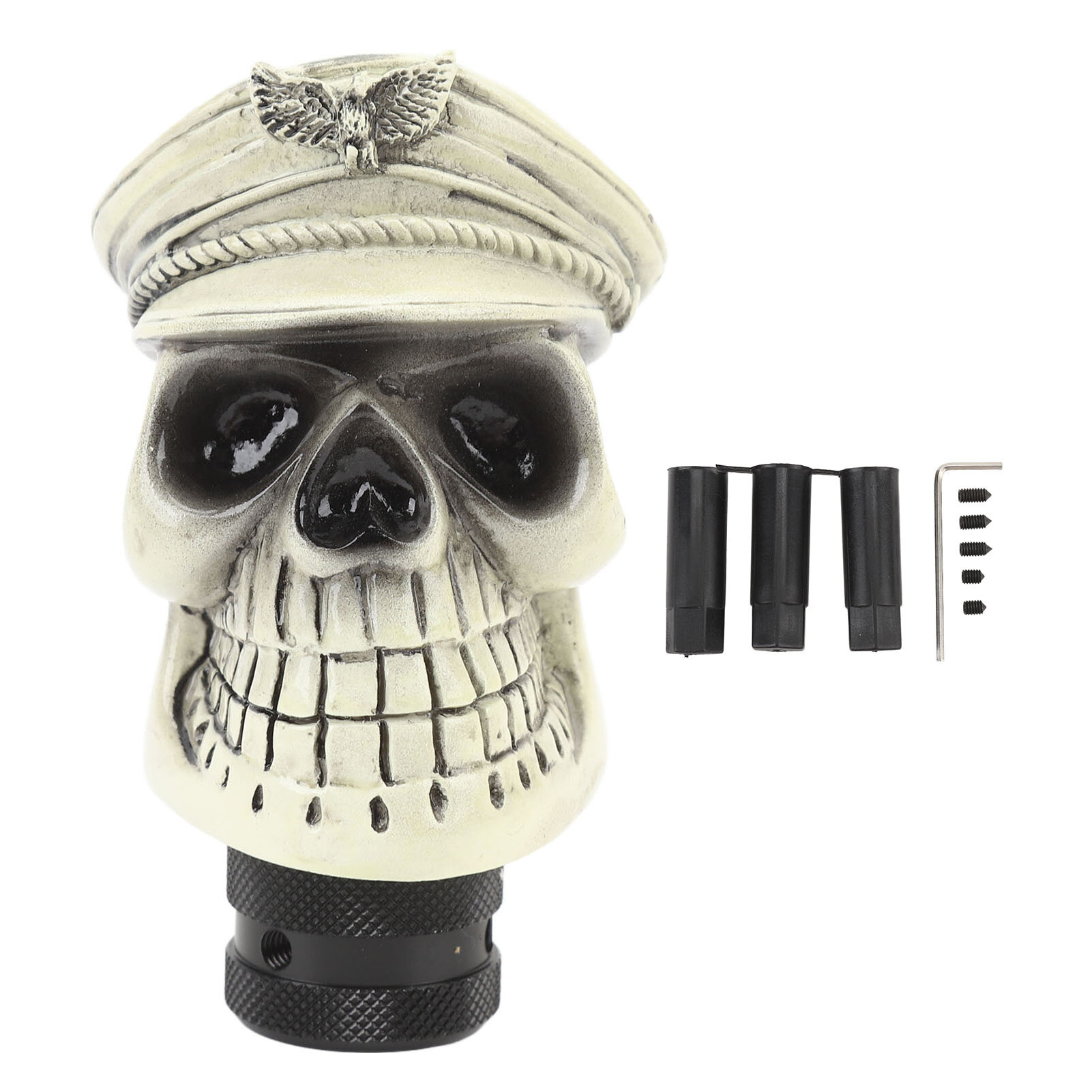 Рукоятка переключения передач в виде черепа с 3 адаптерами, изготовлена из смолы, обеспечивает надежный захват и улучшает управляемость. Универсальная посадка для большинства автомобилей с механической и автоматической коробкой передач. Бежевый цвет.